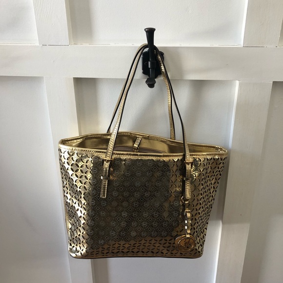 Michael Kors | Bags | Michael Kors Perforated Metallic Small Gold Tote ...